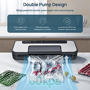 Vakumar Vacuum Sealer Machine, 80Kpa Food Vacuum Sealer Machine with Double Pump, Dry,/Moist, Pulse Mode, Handle Locked Design, LED Indicator Light & Cutter,12MM Widened Heating Strip