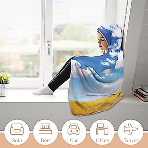 Hooded Blanket Poncho, Yellow and Blue Women Men Hooded Blanket, Wheat Field Vibrant Summer Harvest Sunbeam, Soft Warm Cozy, 40 x 50inches, Studying Reading Snuggling Napping Office