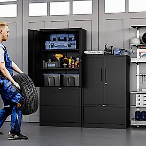 ZAOUS File Cabinet 2 Drawer, Metal File Cabinet with Lock, Lateral Filing Cabinets with Doors & Adjustable Shelves for Home Office, Living Room, Pantry, Gym, Basement, Warehouse, Black