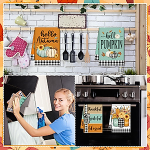 Windkream 6 Pieces Fall Thanksgiving Kitchen Towels Blue Orange Pumpkin Dish Towels Buffalo Plaid Bathroom Hand Towels 21.26 x 14.17 Inch Autumn Tea Towels Fall Decor for Kitchen Bath Farmhouse Gifts