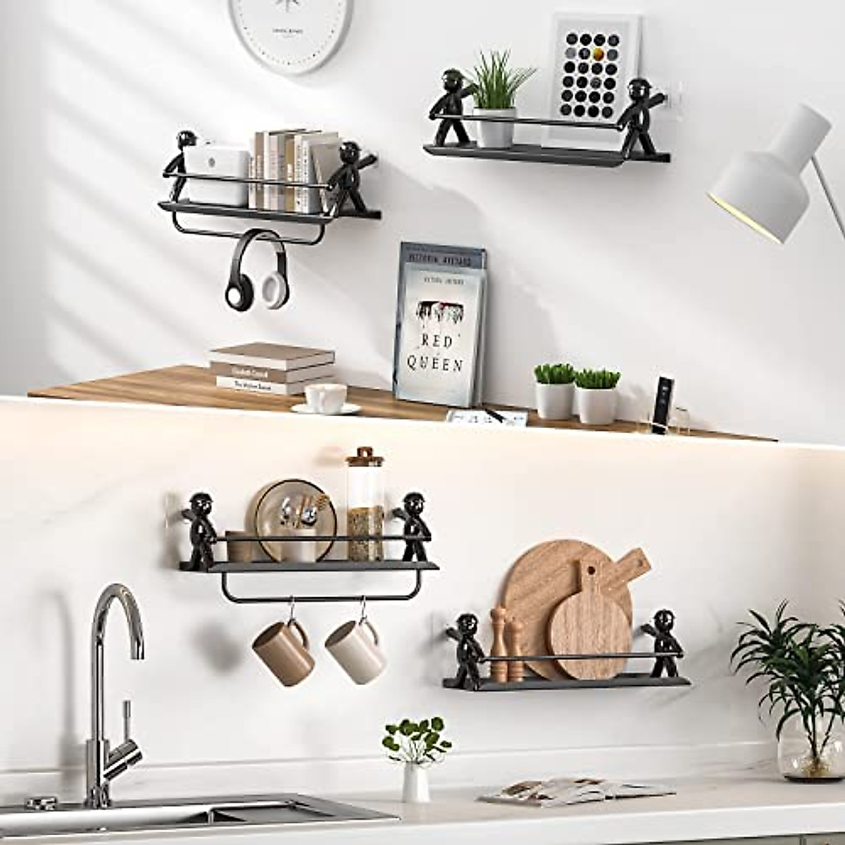 coorack Shower Caddy Floating Wall Shelves, COORACK 2 Pack Metal Hanging Shelf No Drilling Adhesive Wall Mounted Bathroom Shelf Black Floating Shelves Floating Shelves