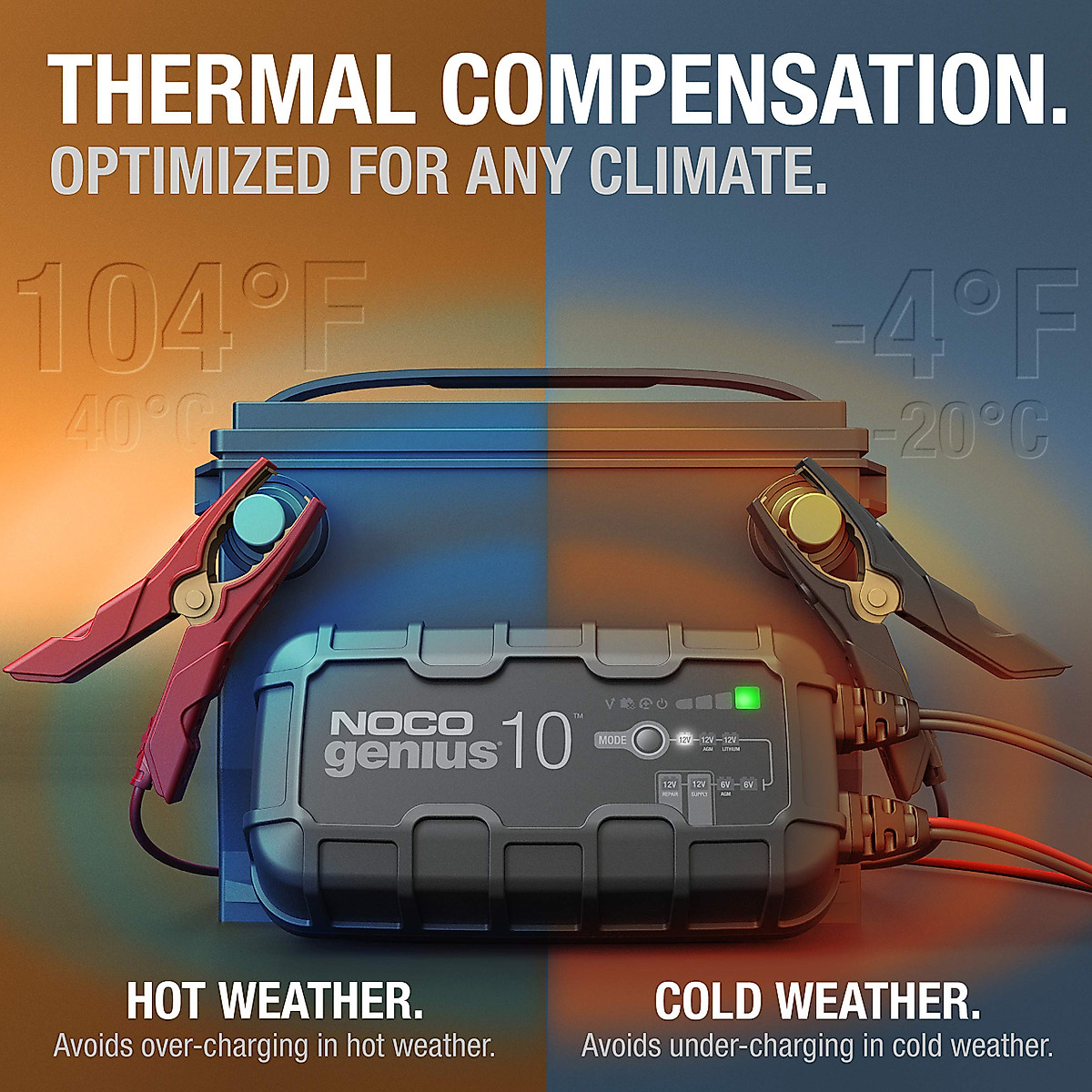 NOCO GENIUS10, 10A Smart Car Battery Charger, 6V and 12V Automotive Charger, Battery Maintainer, Trickle Charger, Float Charger and Desulfator for Motorcycle, ATV, Lithium and Deep Cycle Batteries