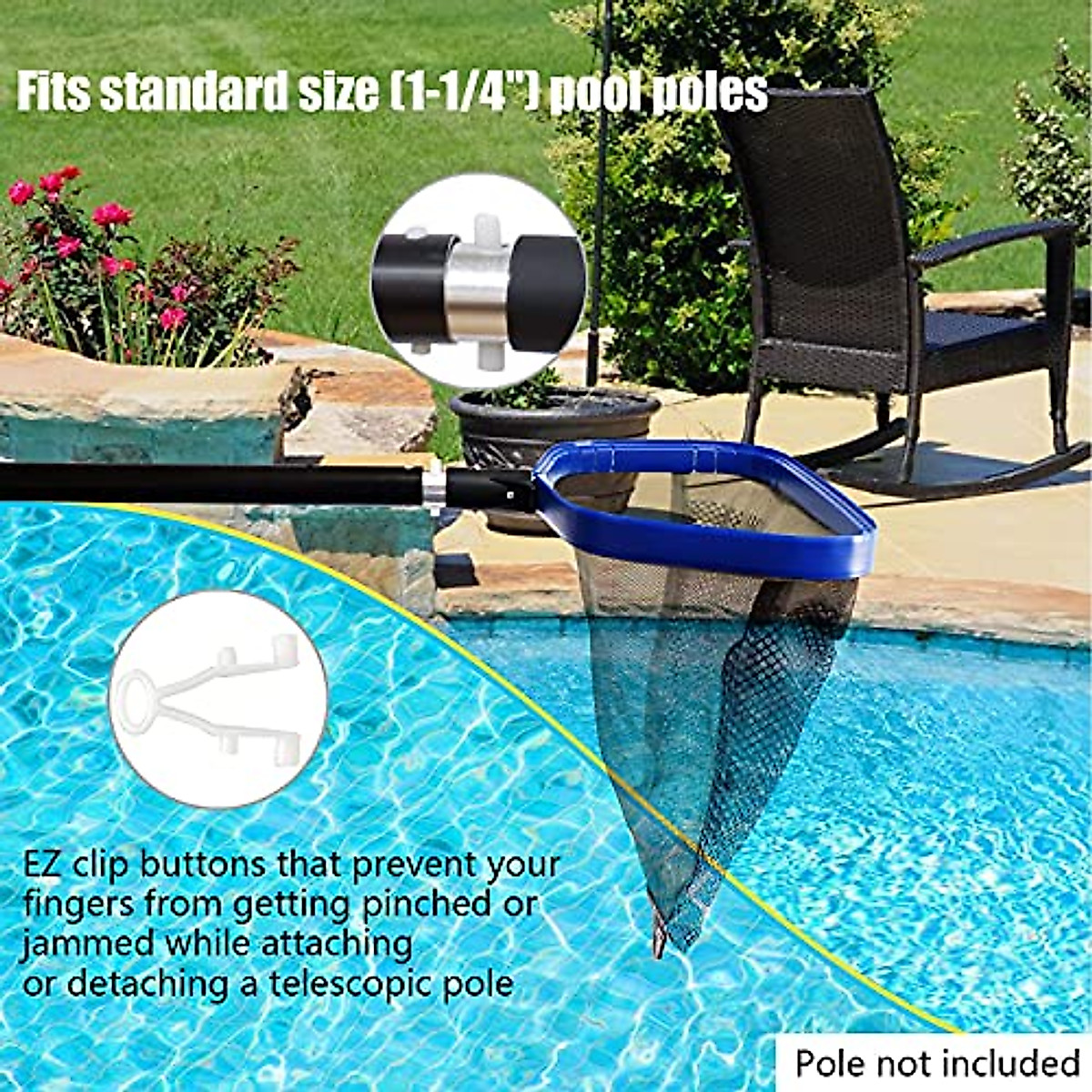 POOLWHALE Pool Leaf Rake with Double Layer Deep-Bag, Professional Skimmer Heavy Duty Mesh Net, Commercial Size(Plastic Tab at The Bottom for Assisting When You Empty The Net)