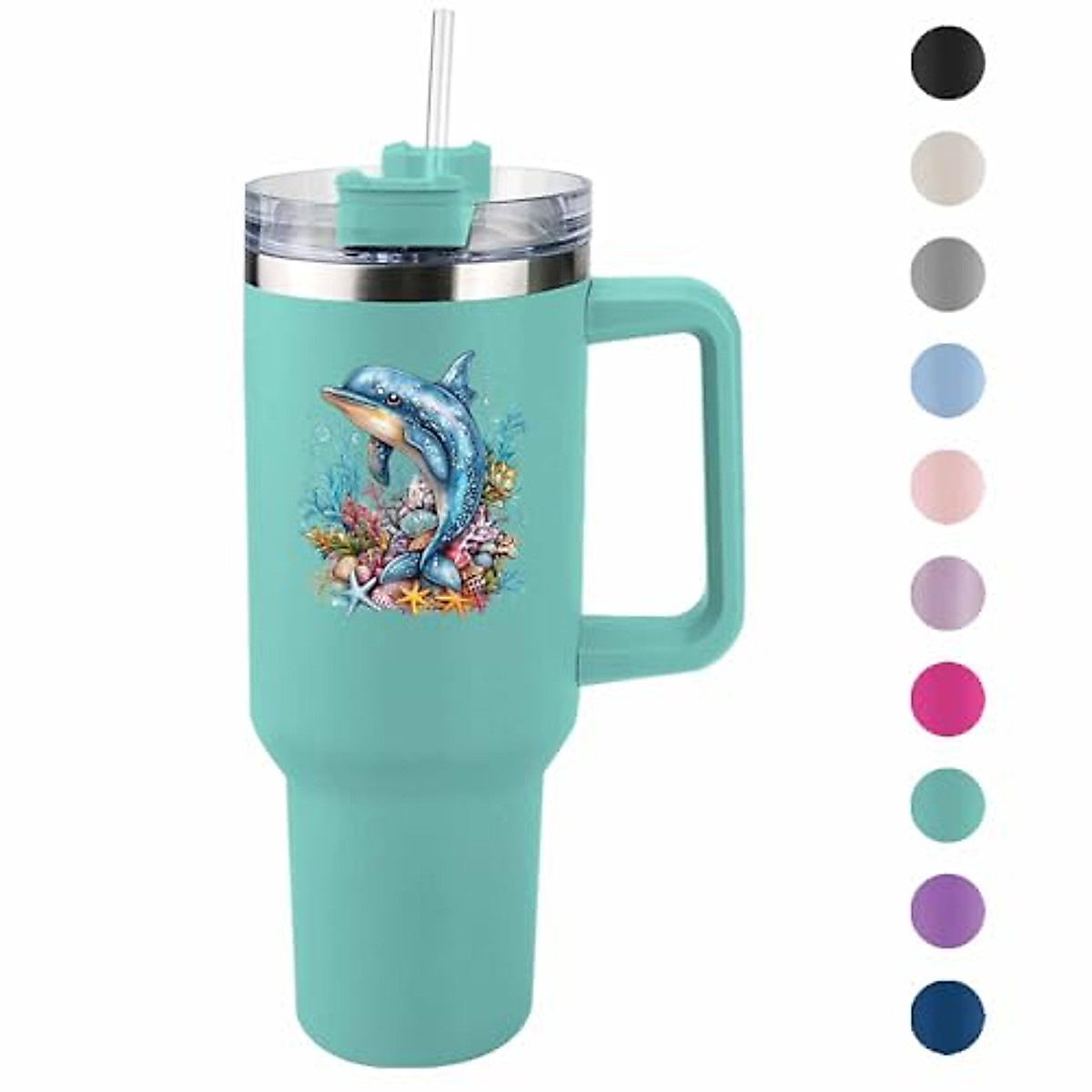 40 ounce insulated cup with handle, double-layer vacuum stainless steel material, equipped with straw, can keep warm or maintain cold drinks Summer Animal Dolphin Starfish Lake Green