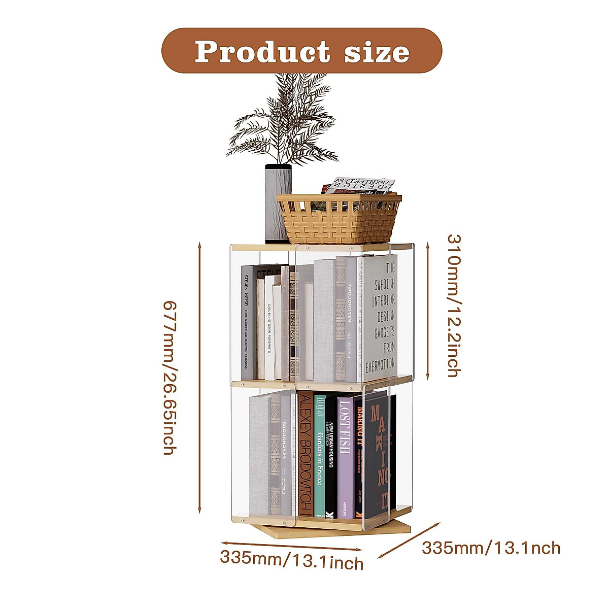 tonchean Rotating Bookshelf, 2-Tier Acrylic Bookcase Clear Floor Standing Display Case Bamboo Book Display Shelf for Classroom Playroom Bedroom Living Room