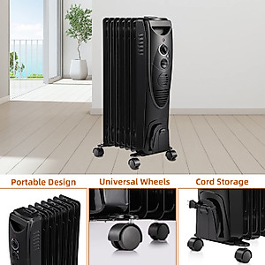 R.W.FLAME Oil Filled Radiator Heater - 3 Heat Settings, Adjustable Thermostat, Quiet and Portable Space Heater with Tip-over & Overheating Functions (27", Black)