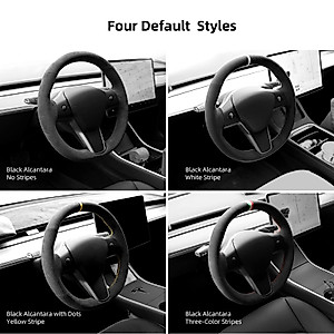 Alfanxi Hand Stitch Sewing Italy Alcantara Car Steering Wheel Cover Wrap for Tesla Model 3/Tesla Model Y (Black Alcantara+No Stripes)