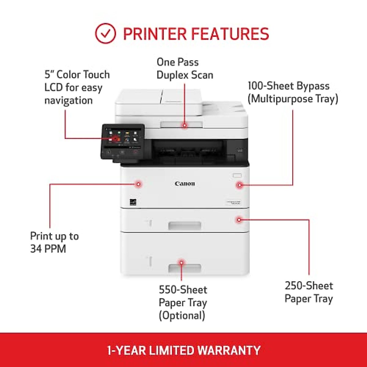 Canon imageCLASS MF451dw All-in-One Wireless Monochrome Laser Printer | Print, Copy, & Scan| 5" inch Color Touch LCD