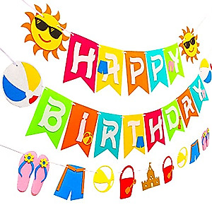 Beach Birthday Banner Garland Decorations for Hawaiian Aloha Luau Beach Pool Barbecue Party Beach Ball Happy Birthday Party Favor Supplies