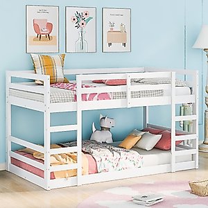 P PURLOVE Wood Low Bunk Bed Twin Over Twin Bunk Bed for Kids Low Loft Bed and Floor Bed for Kids Teens, Wood Slat Included, No Box Spring Need