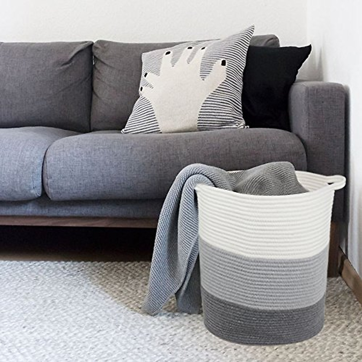 Orino 18"x16" Extra Large Storage Baskets with Handle-Cotton Rope Laundry Basket-Toy Storage Organizer-Soft Baby Kid Nursery Hamper Organizer-Tall Woven Basket Toy Storage Bin(Black+Grey+Beige)