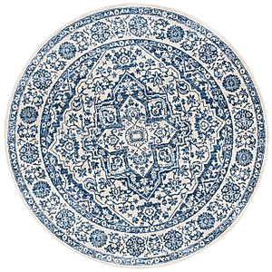 SAFAVIEH Brentwood Collection 5' Round Navy / Light Grey BNT832M Medallion Distressed Non-Shedding Dining Room Entryway Foyer Living Room Bedroom Area Rug