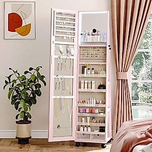 YITAHOME Mirror Jewelry Cabinet with Lights Standing Jewelry Armoire Storage Rotatable Full Length Mirror Jewelry Organizer Lockable Jewelry Armoire with Wheels for Bedroom, Cloakroom, Pink