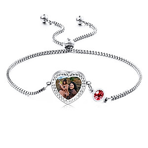 MeMeDIY Personalized Photo Heart Shaped Bracelets with 1-2 Birthstones Engraved Text Adjustable Box Chain Stainless Steel Bracelets for Women Mother Jewelry Gift (Silver color)