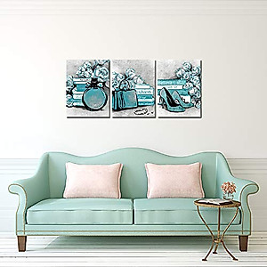 LevvArts 3 Piece Fashion Canvas Wall Art Glam High Heels Perfume Bags with Book Poster Art Painting Prints Framed Modern Teal and Grey Home Bathroom Beauty Room Decorations 12x16inchx3pcs
