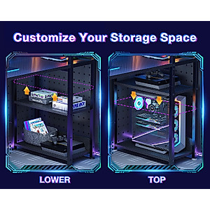 ODK Reversible Gaming Desk with USB Charging Port and LED Lights, 40 Inch Computer Desk with Storage Shelves & Monitor Stand, Study Table for Home Office, Small Space Bedroom, Carbon Fiber Black