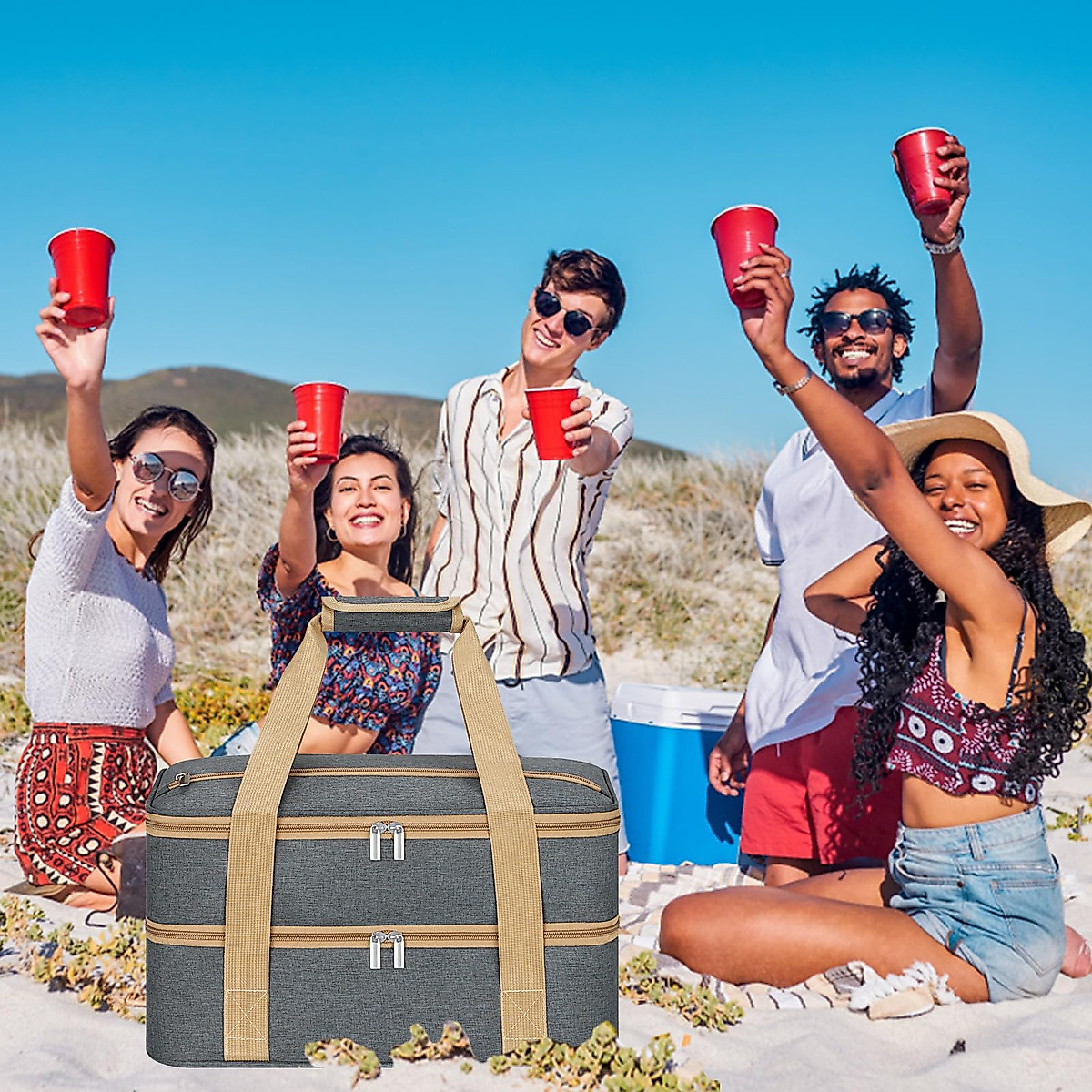 Double Insulated Casserole Carrier with Zipper Pockets, Casserole Carriers for Hot or Cold Food, Insulated Food Carrier for Parties, Picnics, Beach, Traveling, Fits 11 x 15 or 9 x 13 Baking Dish