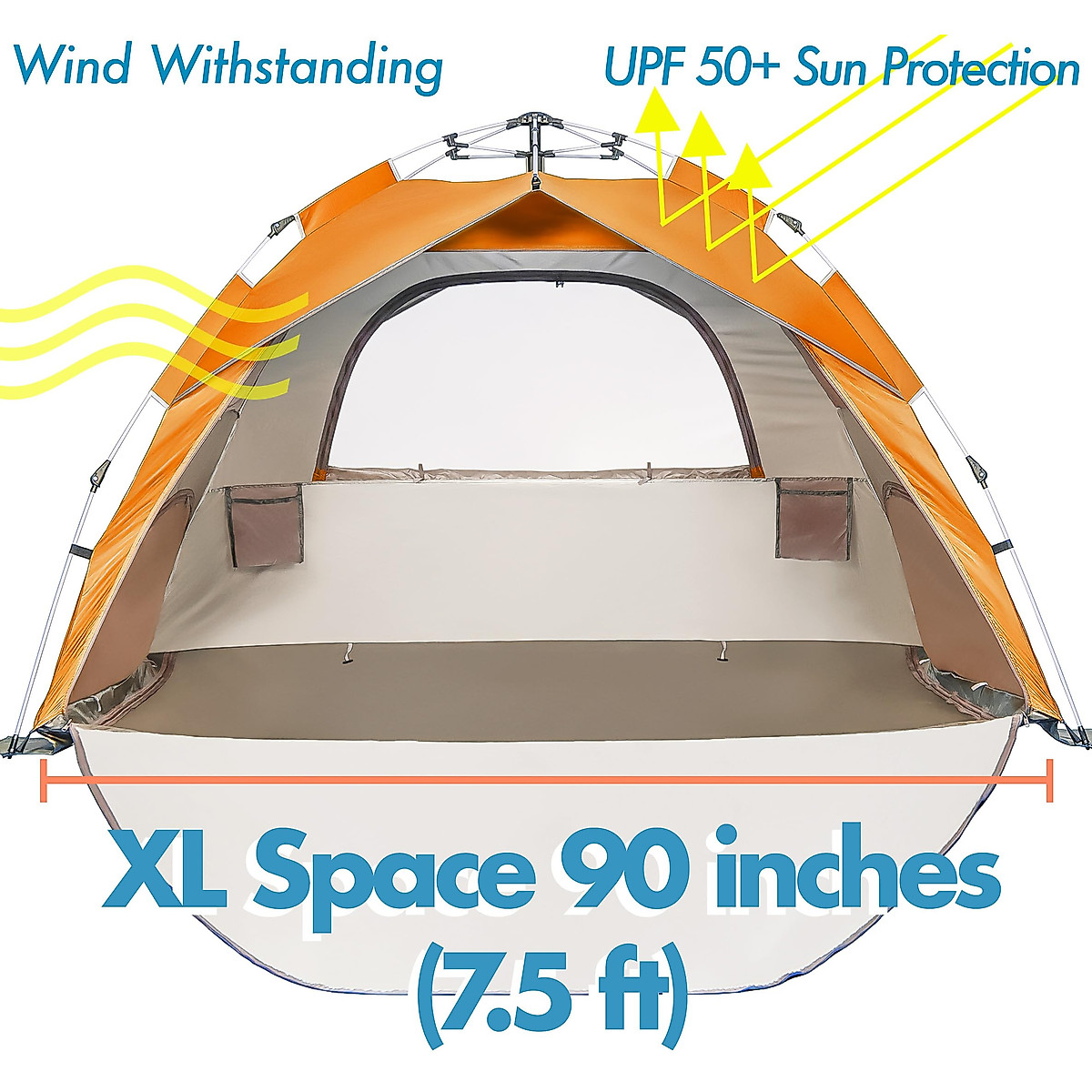 Arkali Beach Sun Shade Pop Up, Easy Pop Up Sun Shelter, Floor-Less Instant Beach Tent, UPF 50+, Orange, Size XL for Family 3 to 4 People