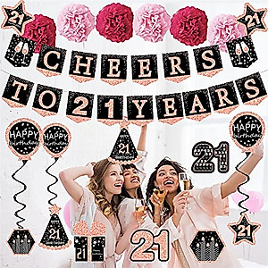 21st Birthday Decorations for her - (21pack) Cheers to 21 Years Rose Gold Glitter Banner for her, 6 Paper Poms, 6 Hanging Swirl, 7 Decorations Stickers. 21 Years Old Party Supplies Gifts for her