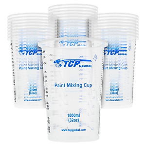 TCP Global 32 Ounce (1000ml) Disposable Flexible Clear Graduated Plastic Mixing Cups - Box of 25 Cups - Use for Paint, Resin, Epoxy, Art, Kitchen, Cooking, Baking - Measuring Ratios 2-1, 3-1, 4-1, ML