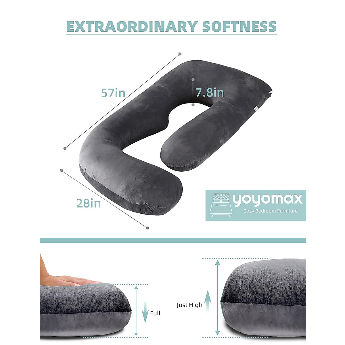 yoyomax U-Shaped Pregnancy Pillows, Memory Foam Pregnancy Pillow Full Body Maternity Pillow with Removable Cover-57 Inch Pregnancy Pillows for Sleeping-Darkgrey