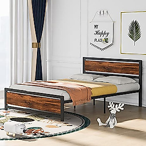 FIQHOME Metal and Wood Bed Frame with Rustic Vintage Headboard and Footboard,Queen Size Platform Bed,No Box Spring Needed, Easy to Assemble(Black)