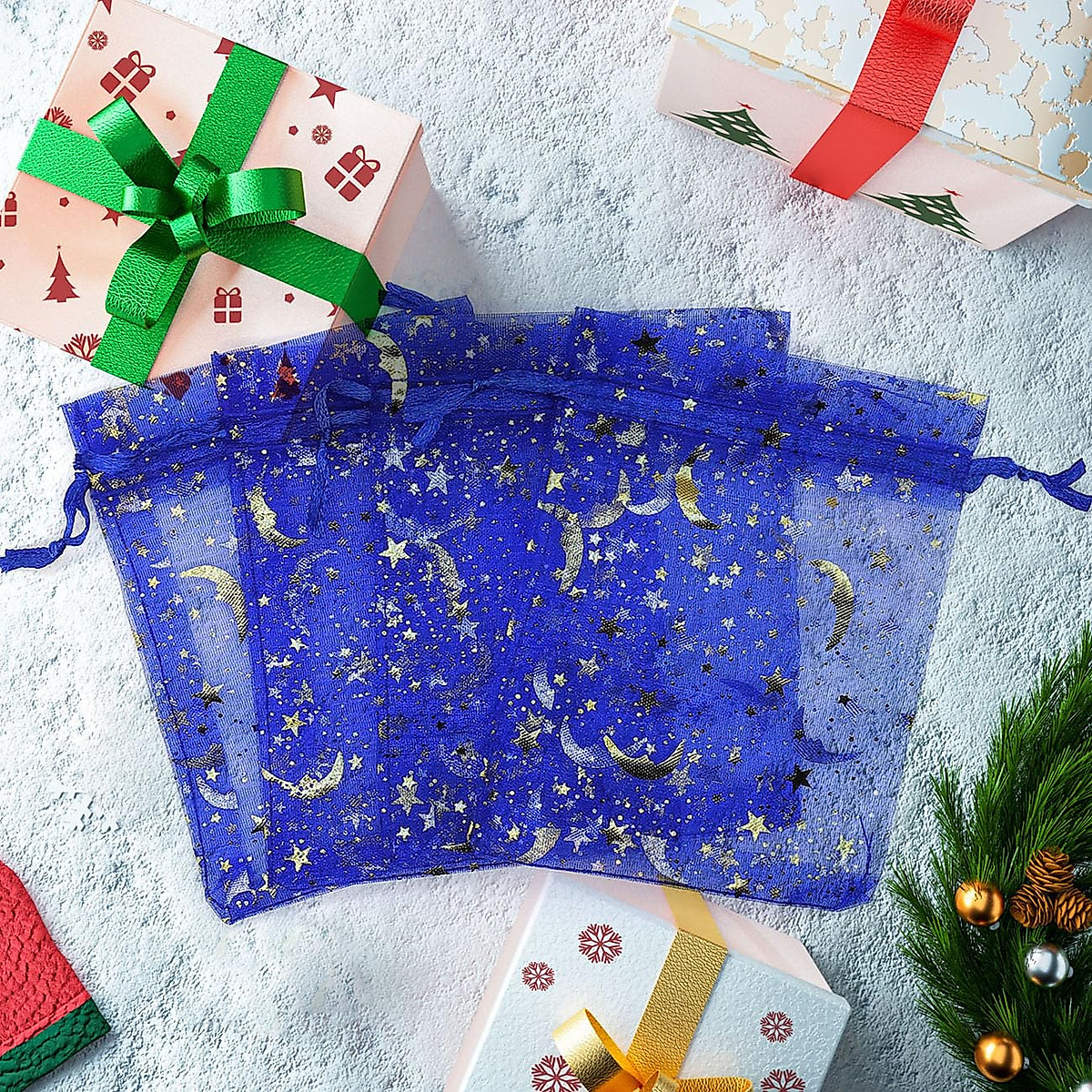 SUNGULF 100Pcs Sheer Organza Drawstring Pouches Stars and Moon Wedding Gift Bags Blue Color 4x5 Inches