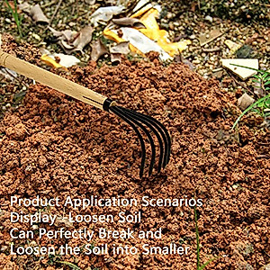 XFJTECH 15'' Garden Rake Cultivator 5 Tines Claw Soil Tiller Military Grade Steel Japanese Ninja Claw with Ergonomic Wooden Handle for Perfect Pulverized and Aerated Soil and Combing Leaves Weeding