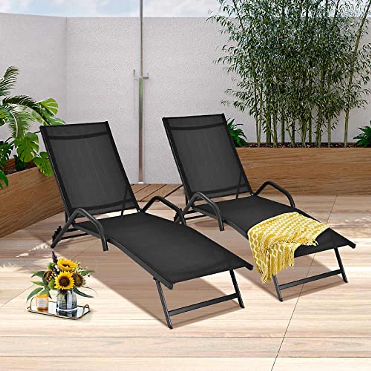 Tangkula Outdoor Patio Chaise Lounge Chairs, Reclining Lounge Chairs with 5-Position Adjustable Backrest & Breathable Fabric, Outdoor Recliner Chairs for Lawn, Poolside & Backyard, Set of 2 (2, Black)