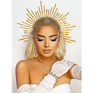 JeVenis 4 PCS Gold Halo Crown Baroque Headband Sun Goddess Tiara and Crown Sunburst Headband Cosplay Wedding Festival Headpiece