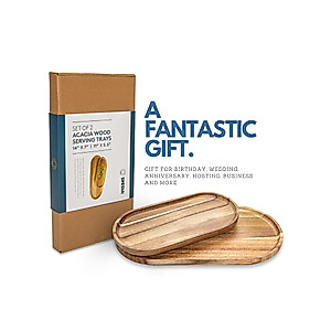 SPEShh Acacia Wooden Serving Trays Set of 2 - Rectangular Oval Shaped Wood Plates for Charcuterie Cheese Bread Fruit Vegetable Dip Sushi - Rustic Serving Platter Shallow Dishes -14x7 & 11x5.5 in.