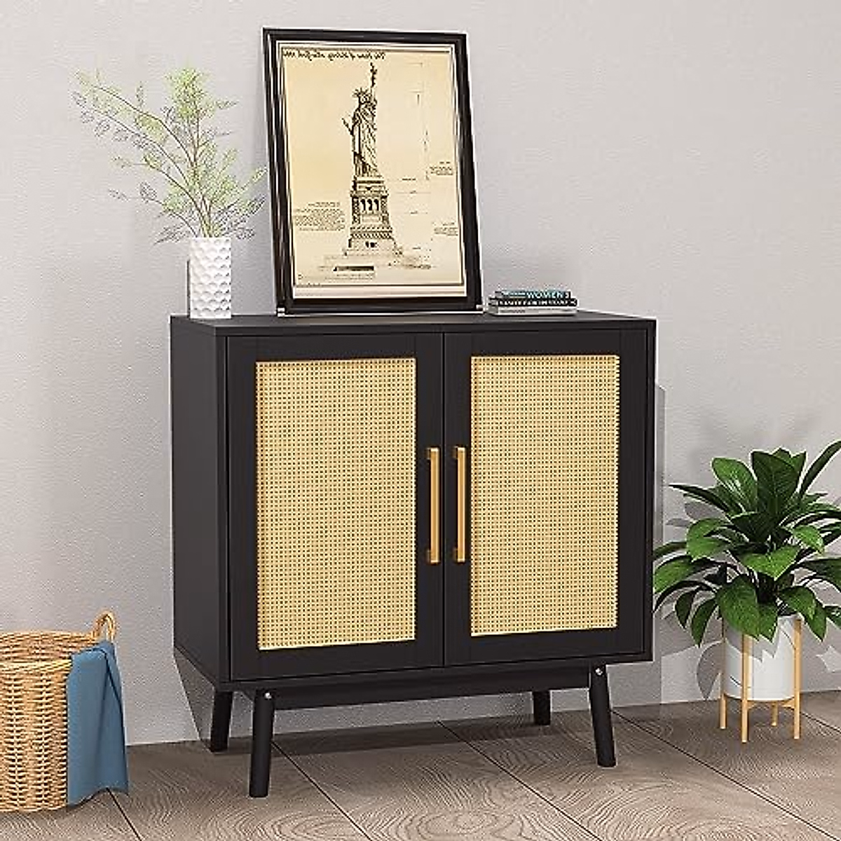 RESOM Black Rattan Accent Storage Cabinet, Sideboard Buffet Cabinet with Rattan Doors, Modern Wood Cabinet for Living Room, Dining Room, Kitchen, Entryway and Hallway