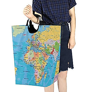 Baofu World Map Laundry Hamper Large Dirty Foldable Clothes Bags Waterproof Durable Lightweight Oxford Round Collapsible Storage Basket Organization with Handles for Home Bathroom Bedroom