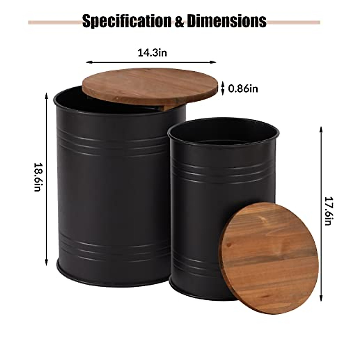 BRIAN & DANY 2 Pack Farmhouse Accent Side Table, Rustic Storage Ottoman Seat Stool with Round Wood Lid, Galvanized Metal Storage Bin for Living Room Furniture, Black