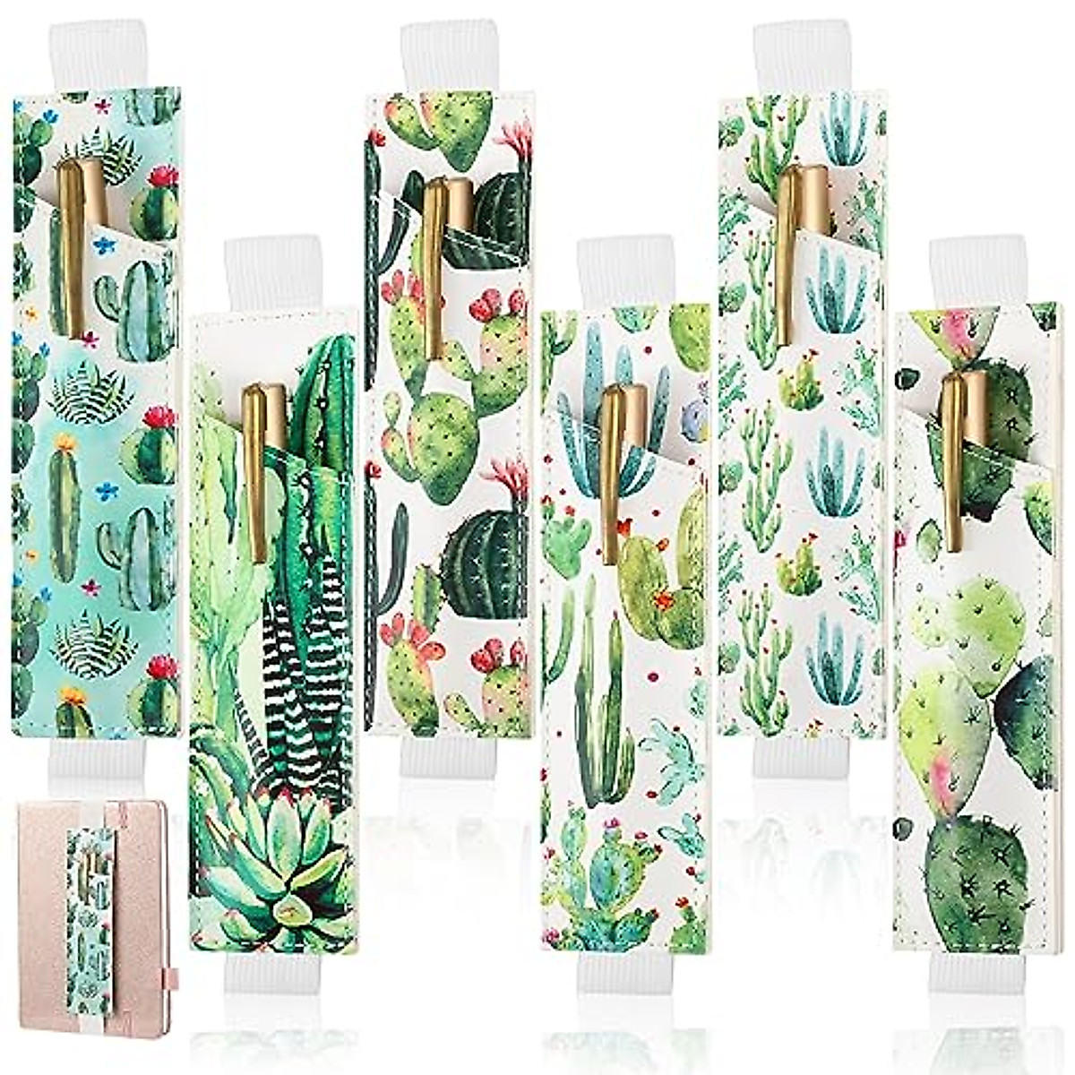 Qilery 6 Pcs Elastic Band Pen Holder for Notebook Boho Cactus Leaves Minimalist PU Leather Pen Sleeve Pouch Adjustable Pen Case for Hardcover Journals Planners Back to School Gift (Cactus)