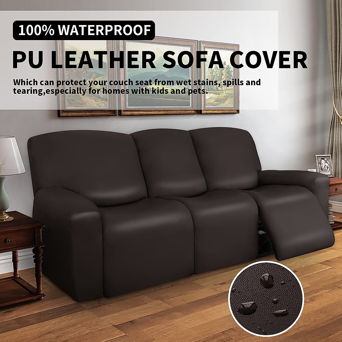 Easy-Going PU Leather Recliner Sofa Slipcovers, Waterproof Stretch Sofa Covers, 8 Pieces Stretch Furniture Protector, Elastic Strap Shield Pets Kids Children Cats Dogs Chocolate