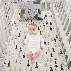 Brandream Woodland Baby Crib Bedding Set | 3-Piece Crib Bed Blanket, Fitted Crib Sheet and Crib Bed Skirt Cotton | Snow Mountain Ancient Forest Theme - Gray White Black