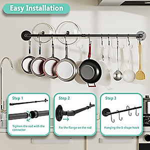Auroglint Wall Mounted Pan Rack, Pan Organizer Hanging Pots Holder Kitchen Storage Shelf with 17 Hooks—black