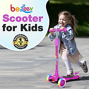 BELEEV Scooters for Kids 3 Wheel Kick Scooter for Toddlers Girls Boys, 4 Adjustable Height, Lean to Steer, Light up Wheels, Extra-Wide Deck, Easy to Assemble for Children Ages 3-12 (Dark Lilac)