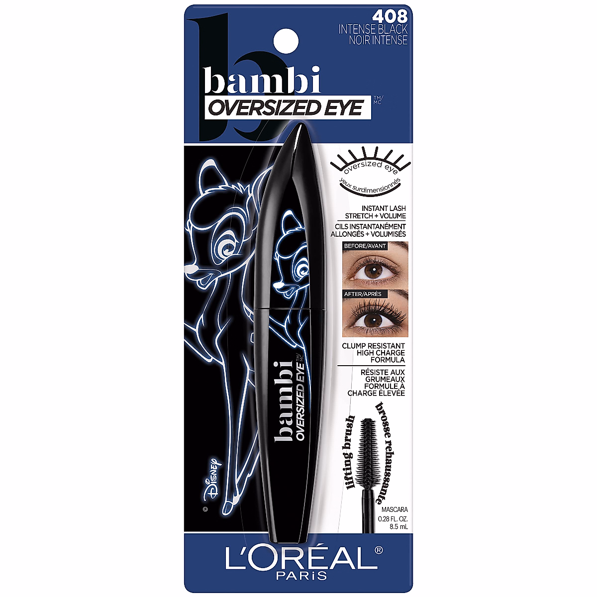 L'Oreal Paris Bambi Eye Mascara, Lasting Volume, Length & Lift, Doe-Eye Definition, No Clumping or Smudging, Washable, Intense Black, 0.28 fl. oz.
