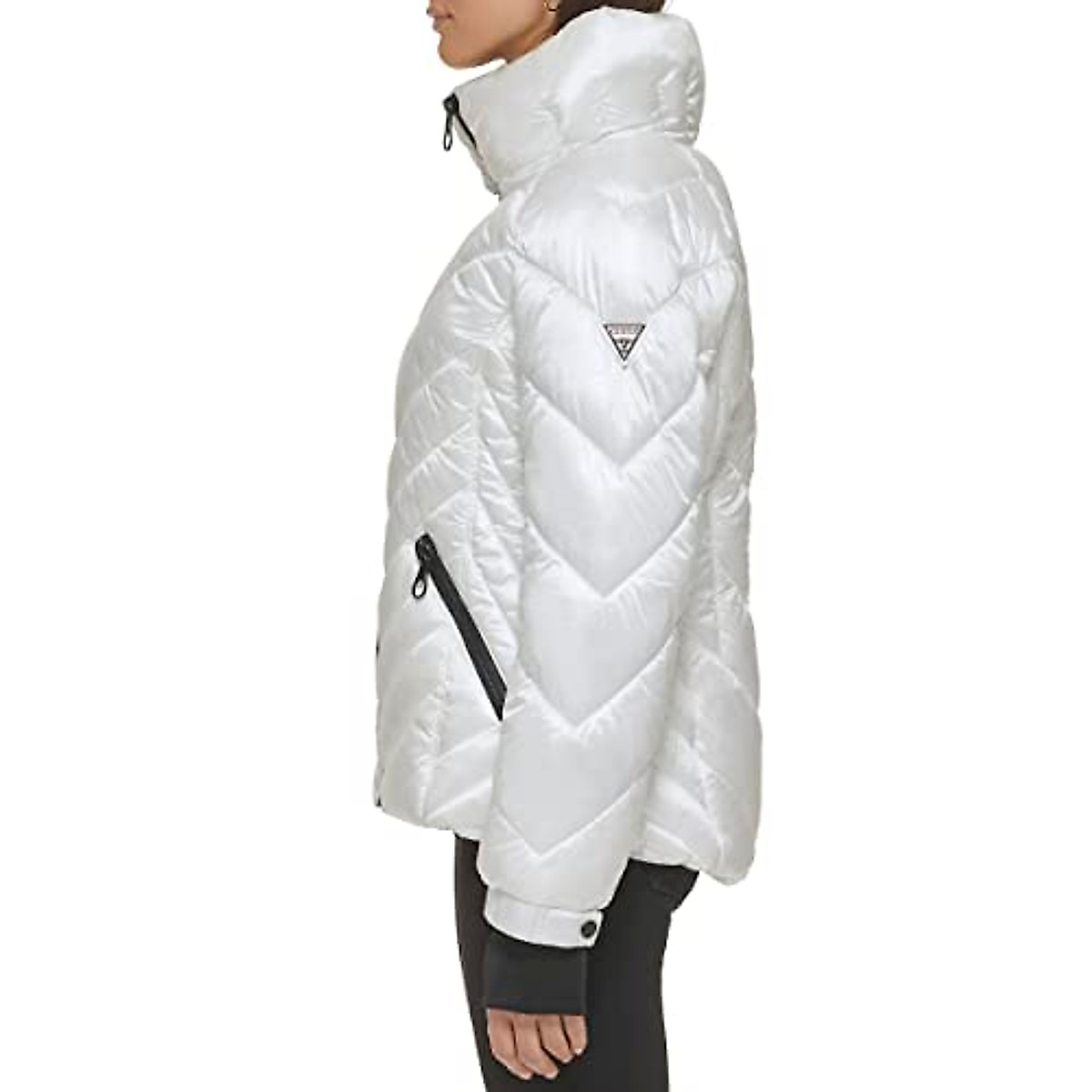 GUESS Women's Puffer Storm Cuffs– Quilted, Transitional Jacket, White