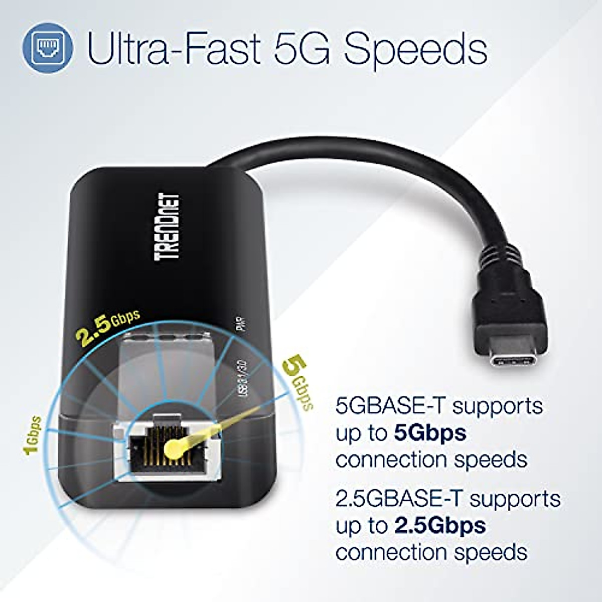 TRENDnet USB-C 3.1 to 5GBASE-T Ethernet Adapter, 2.5GBASE-T RJ-45, Integrated 12.6cm (4.9 in) USB Type C Cable, Compatible with Cat5e Or Better Cabling, Windows Compatible, Black, TUC-ET5G