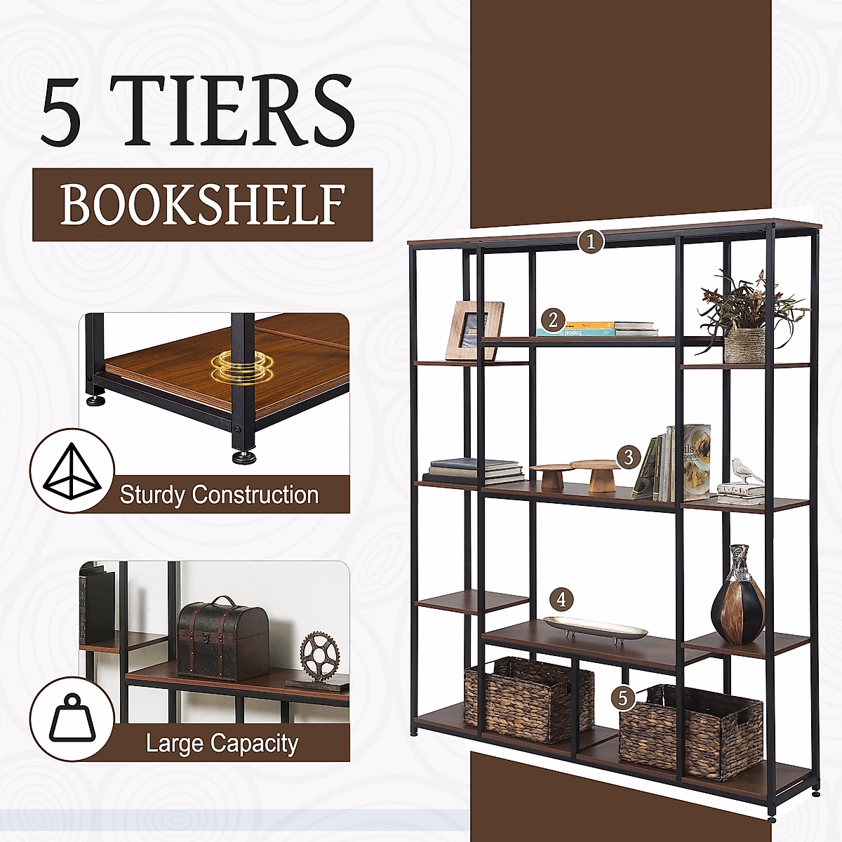 Merax 5 Tier Tall Bookshelf, Industrial Bookcase, Freestanding Display Furniture with Storage Shelf, Brown