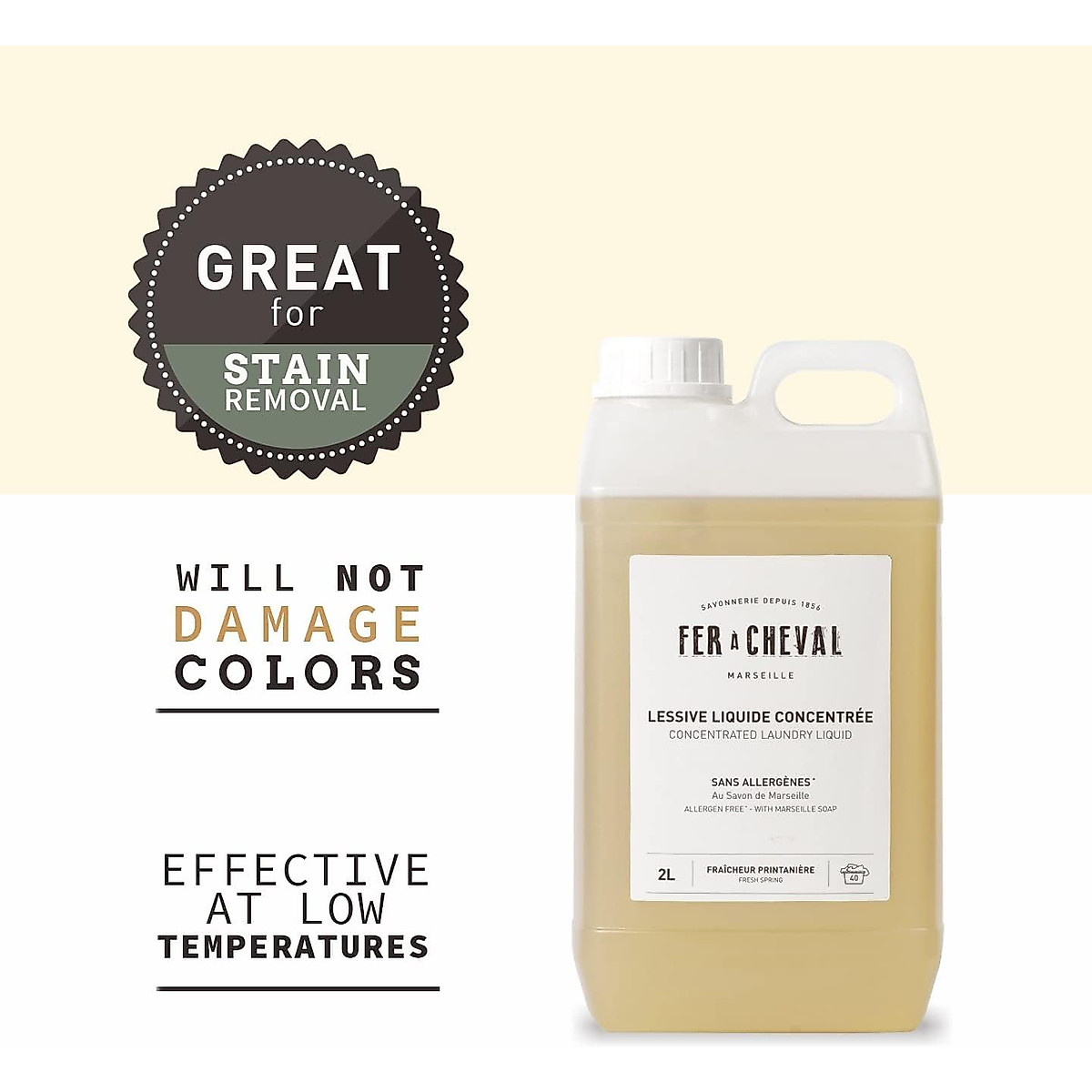 Fer à Cheval Concentrated Laundry Liquid, Allergen Free with Marseille Soap Laundry Detergent Liquid, Organic Washing Detergent Laundry Soap, Fresh Spring, 2L/67.6oz