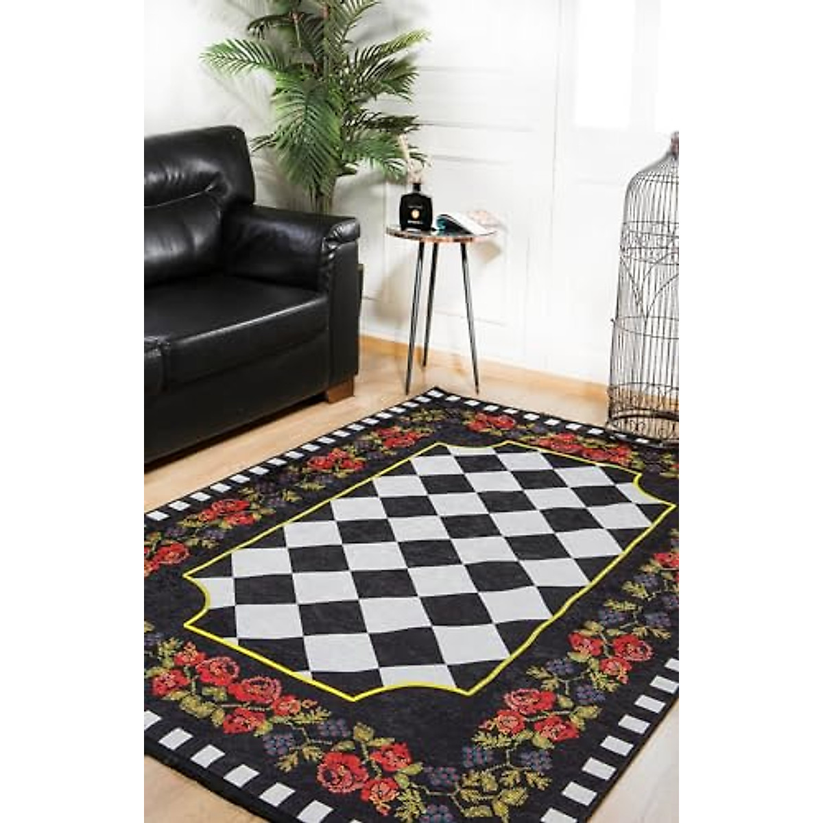 BESPOKY Noginsk Black Floral, Cotton Polyester Area Rug, Machine Washable Rug, Non Slip Rug, Living Room, Bedroom, Nursery, Hallway, Corridor, Rug, Indoor Outdoor Area Rug