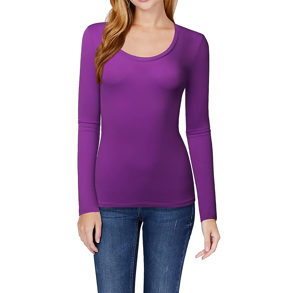 STARJJ Womens Basic Active Slim Fit Scoop Neck Long Sleeve T-Shirt Top (S-2XL) PURPLE L