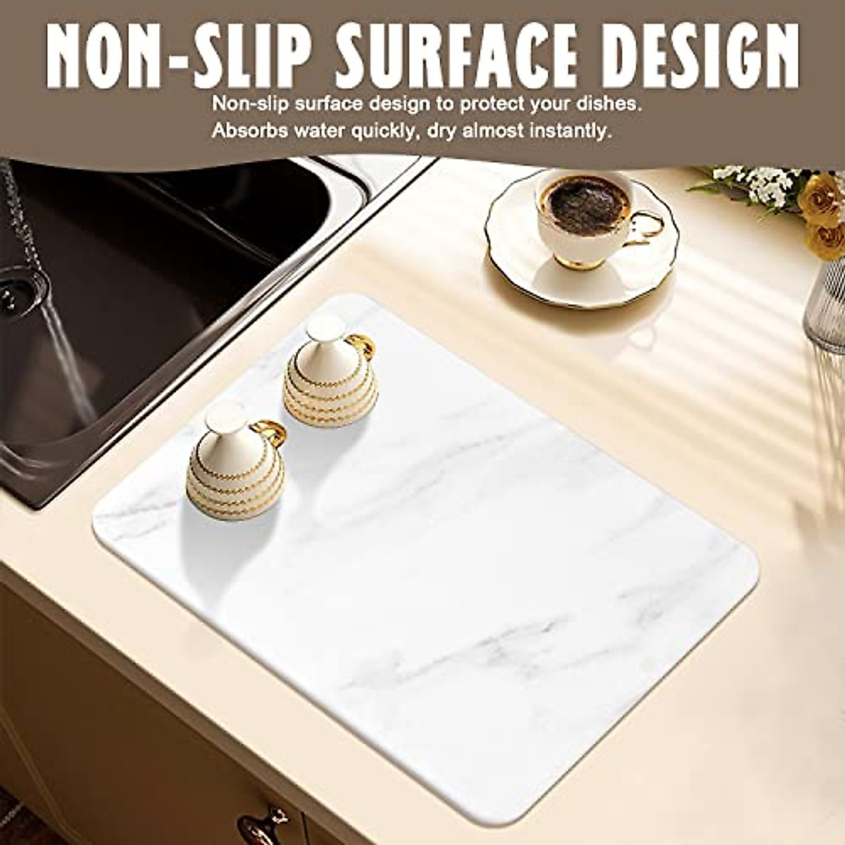 Stone Drying Mat for Kitchen Counter, Super Absorbent, Heat Resistant Dish Drying Mats, Eco-Friendly Diatomaceous Earth Stone Rack Tableware Mat (15.7x11.8 inch, Whtie Marble)