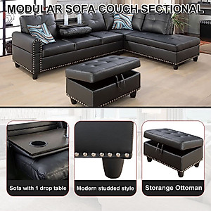 Ocstta Leather Sectional Sofa Sets,Living Room Furniture Sets and Leather Couch Set,L Shaped Couches with Sofa Back Panel Cup Holders and Storage Footstool(Sectional Couch Set+Ottoman) Black
