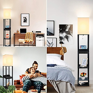 Assemer Shelf Floor Lamps for Living Room,Tall Standing Lamp with Shelves and Drawer,2 USB Charging Ports & Power Outlet,Bright 3CCT LED Bulb Included - Black