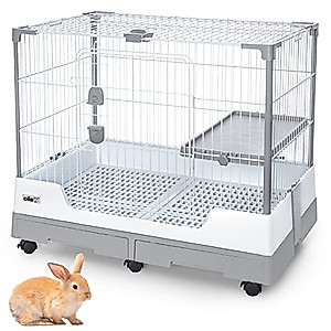 OIIBO Small Animal Cage for Rabbit,32" × 21" × 26" inch Foldable Rabbit Cage Hutch with Pull Out Tray and Caster Platform for Ferret Chinchilla